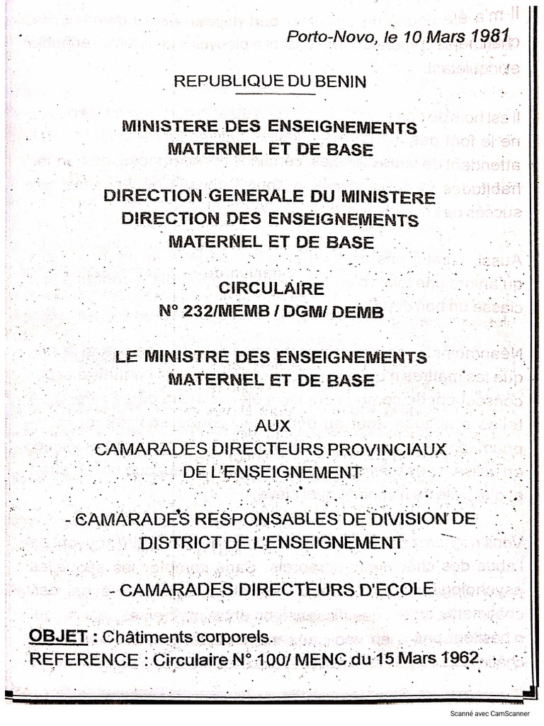 Contenu Circulaire 232 Portant Châtiments Corporels | PDF