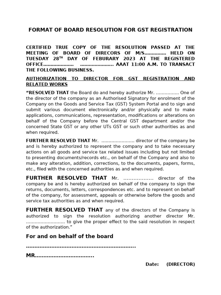 Format of Board Resolution For GST Registration | PDF