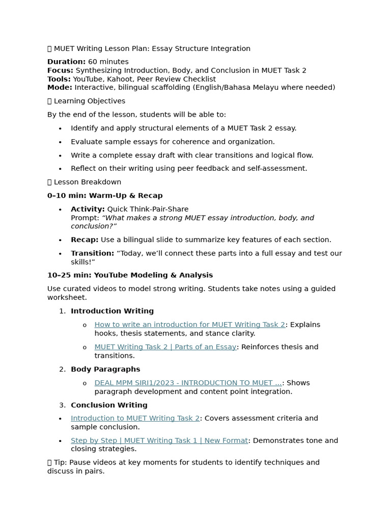 MUET Essay Structure Workshop | PDF | Essays | Lesson Plan