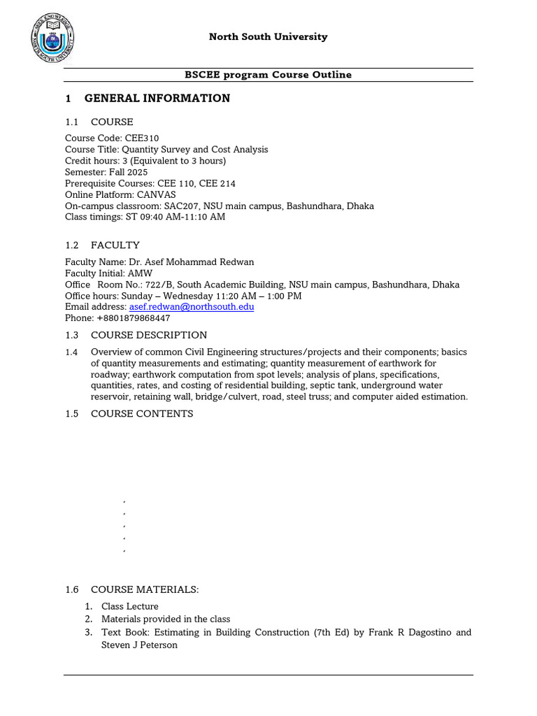 CEE310 Course Outline: Quantity Surveying | PDF | Engineering | Science