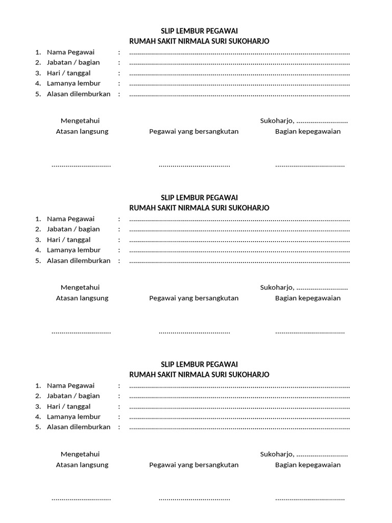 Slip Lembur Pegawai RS Nirmala Suri | PDF