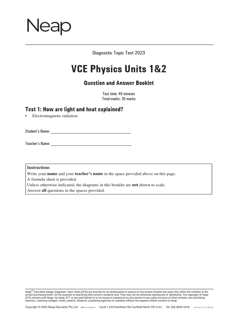 Test 1 VCE Physics Units 12 DTT 2023 Light and EM Spectrum | PDF ...