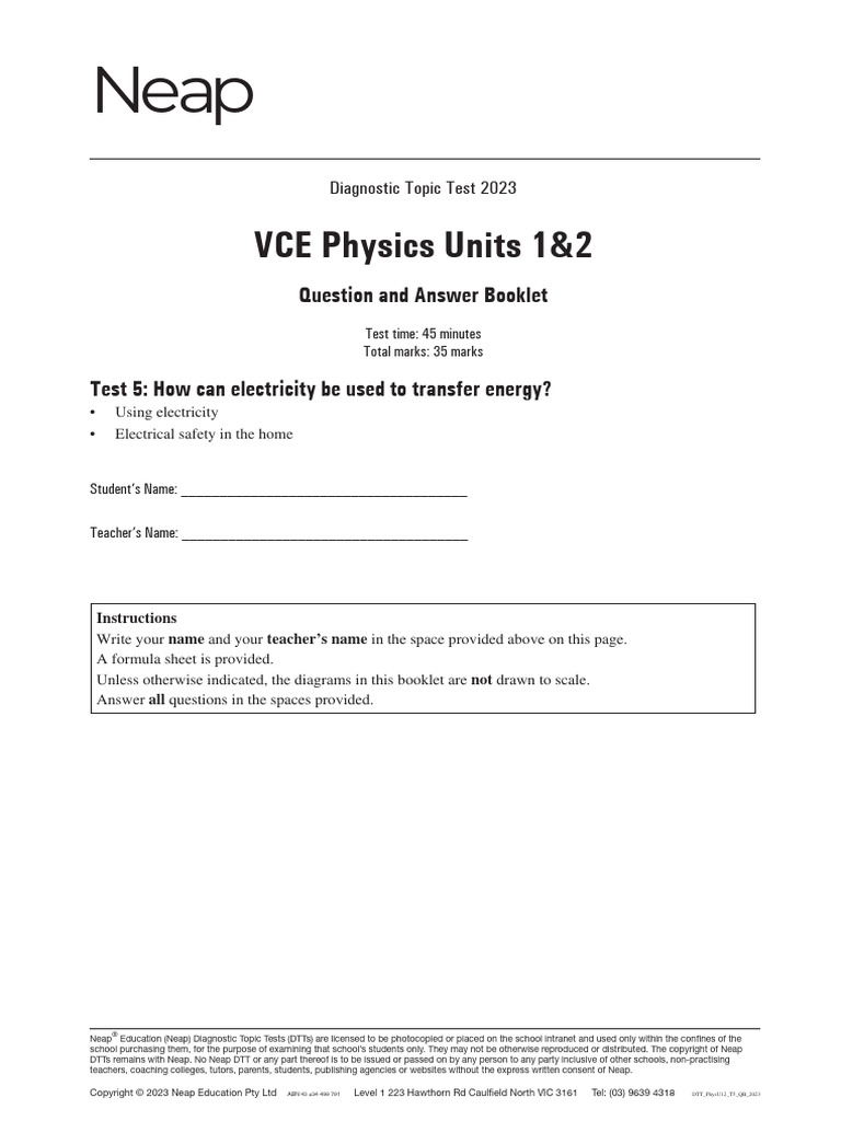 VCE Physics Diagnostic Test 2023 | PDF | Resistor | Voltage