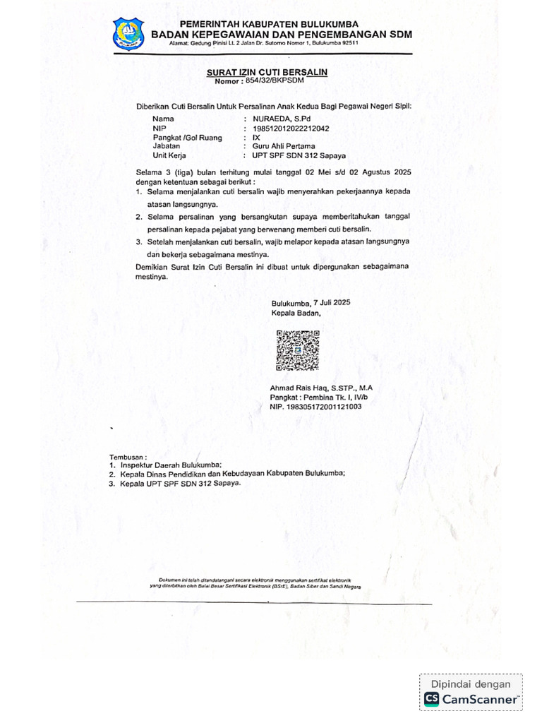 Surat Izin Cuti Bersalin Nuraeda | PDF