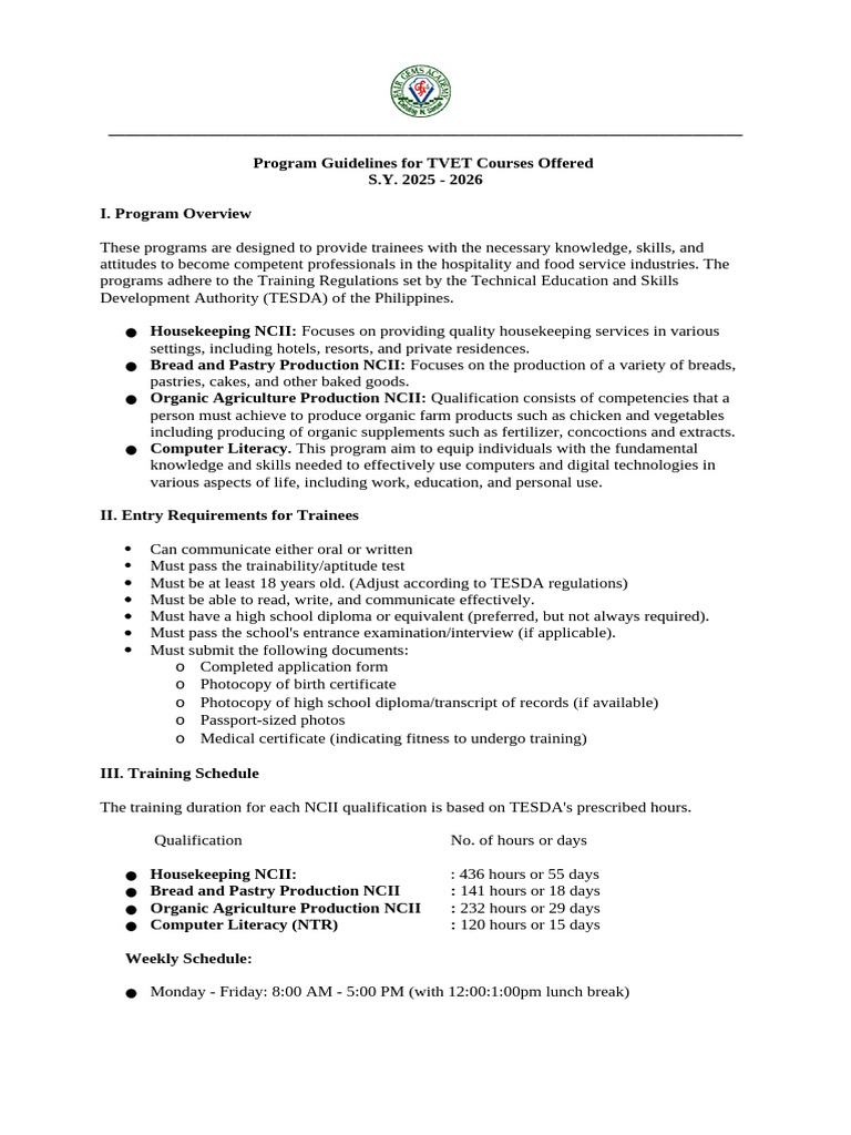 Program Guidelines for TVET Courses Offered | PDF | Vocational Education