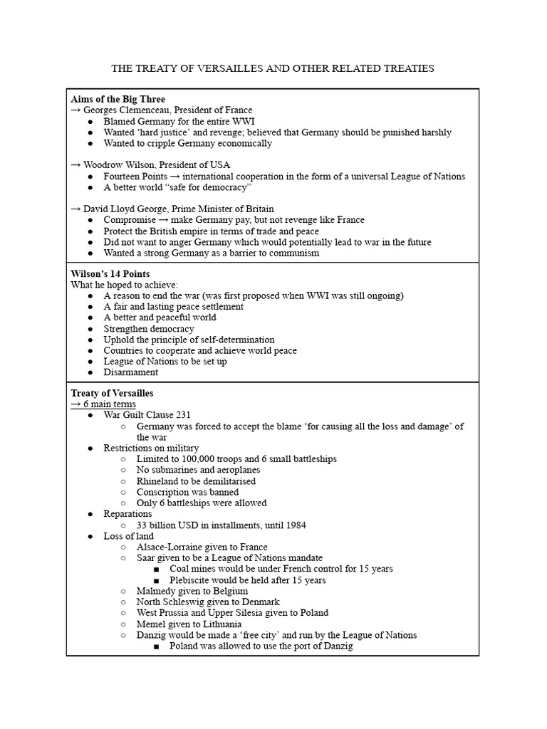The Treaty of Versailles (Notes) | PDF | Treaty Of Versailles | Weimar ...