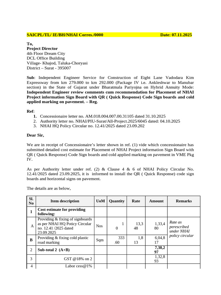 Draft Letter Regarding Placement of NHAI Project Information Sign Board ...