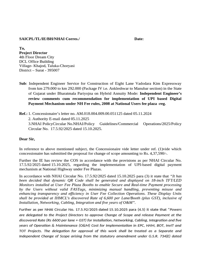 Further As Per NHAI Circular No. 17.5.92/2025 Dated 15.10.2025 para (4. ...