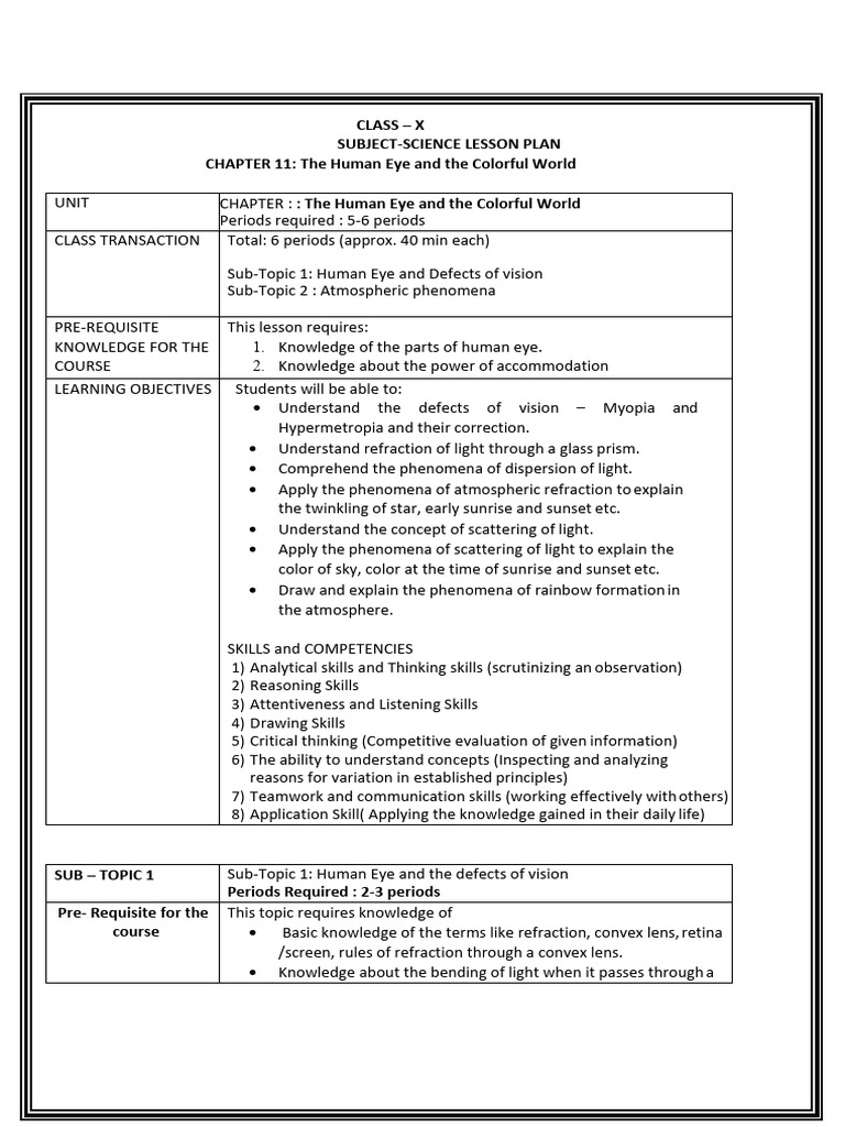 Lesson Plan - Human Eye and The Colorful World | PDF | Refraction | Light