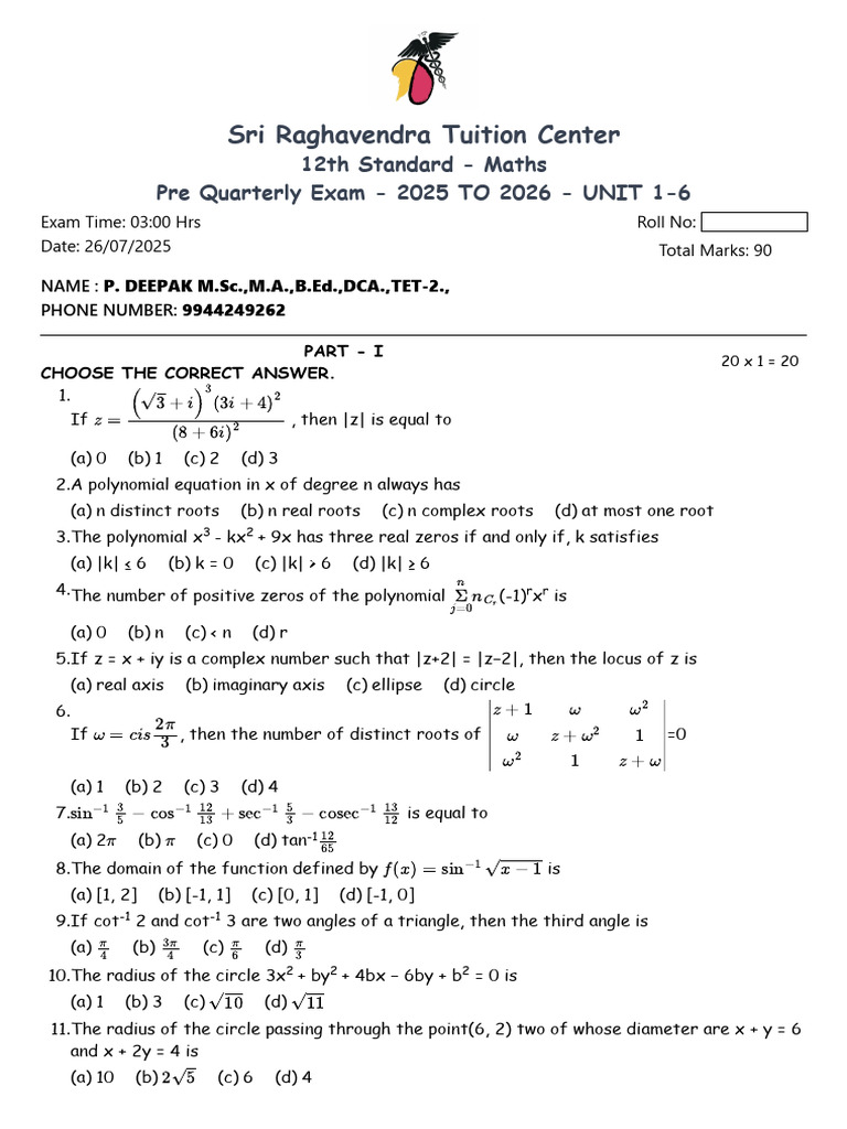 10th Maths EM - Unit 1 - 6 Pre Quarterly Exam Question Paper 2025 ...
