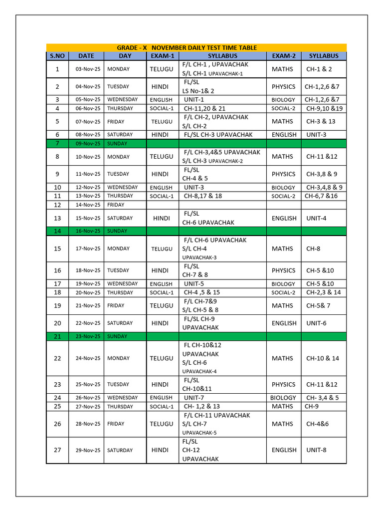 Daily Test November Time Table 10th Class | PDF