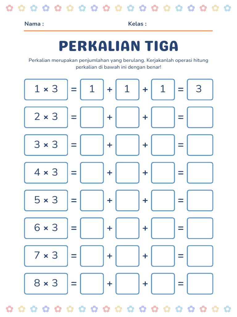 Perkalian Dasar Tiga Lembar Kerja Numerasi Matematika Penjumlahan Berulang Biru Sederhana | PDF