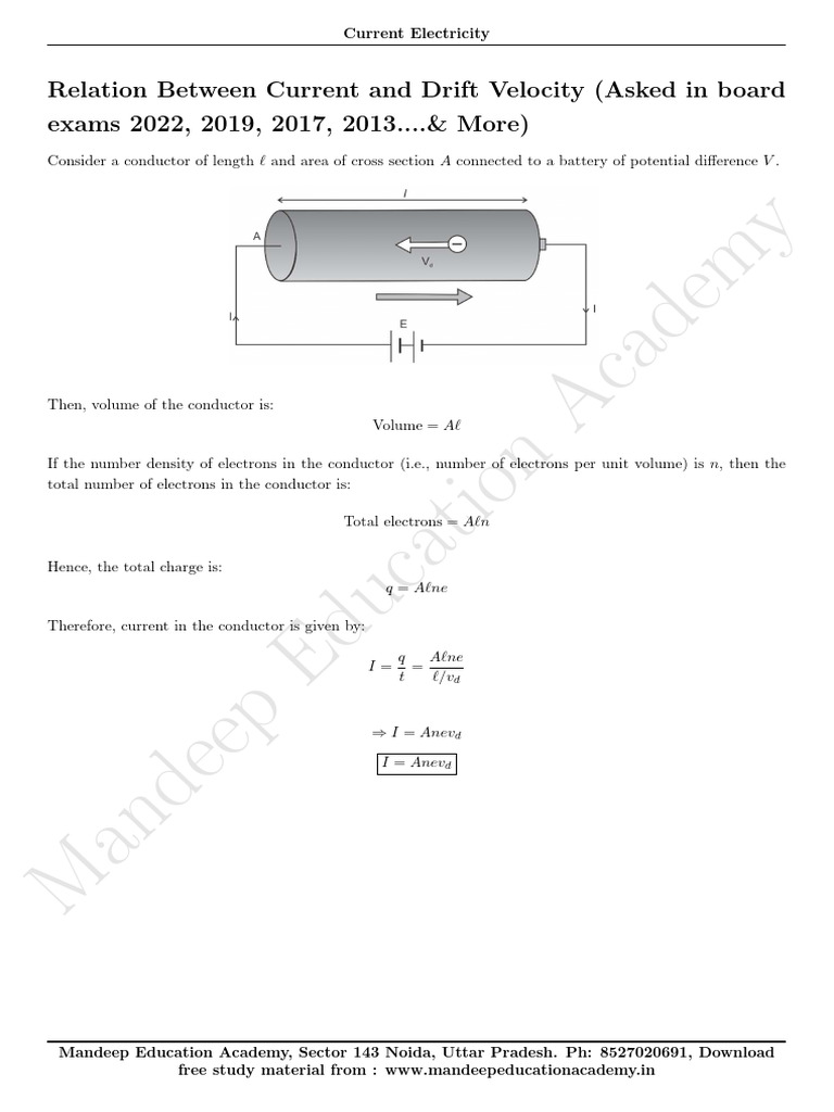 Relation Between Current & Drift Velocity | PDF | Electrical Conductor ...