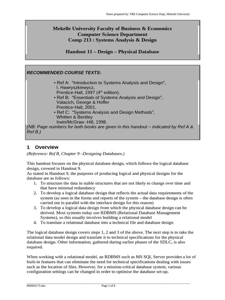 SAD Handout 11 - Design - Physical Database | PDF | Database Index | Databases