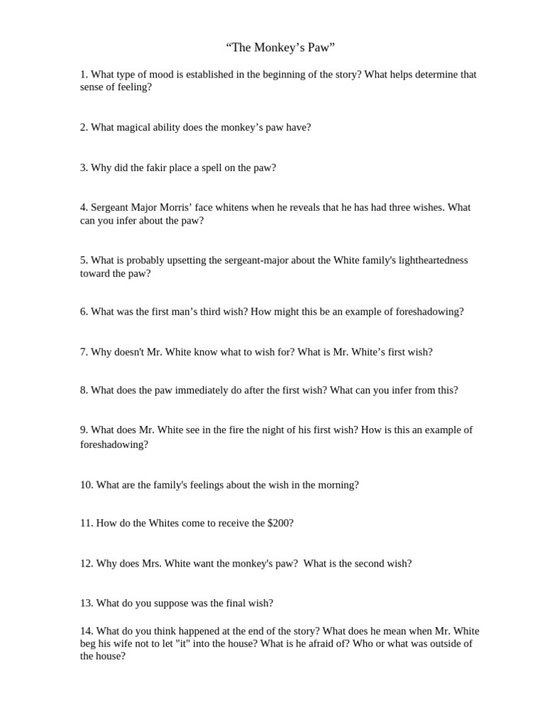 Monkeys Paw Study Questions | PDF