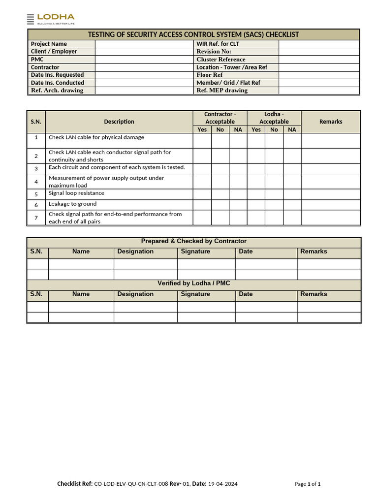 MEP-ELV-Testing of Security Access Control System Checklist | PDF