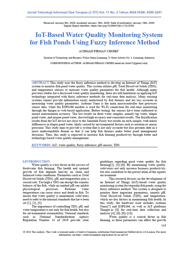 IoT-Based Water Quality Monitoring System for Fish Ponds Using Fuzzy Inference Method | PDF ...