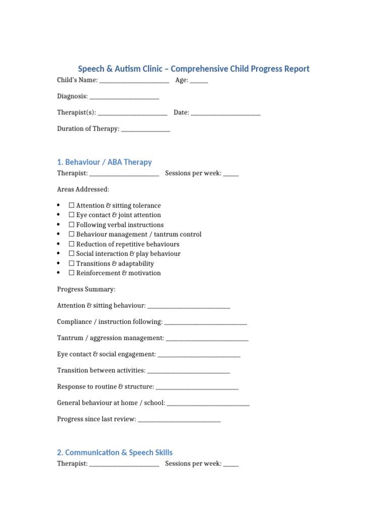Child Progress Report: Autism Therapy | PDF | Speech | Senses