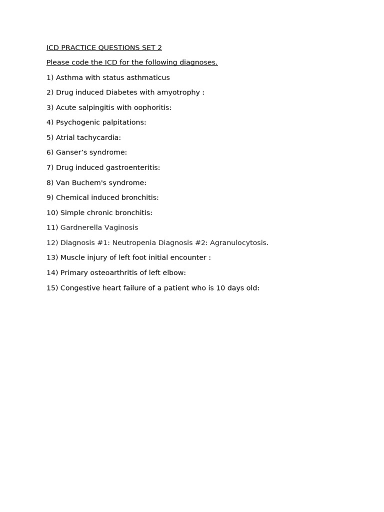ICD Coding Practice Questions Set 2 | PDF