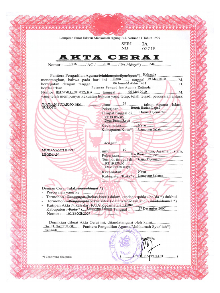 Akte Cerai Wawan & Mujiyanti | PDF