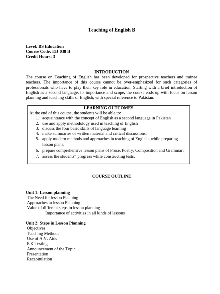 Teaching English: Course Overview for Educators | PDF | Lesson Plan ...