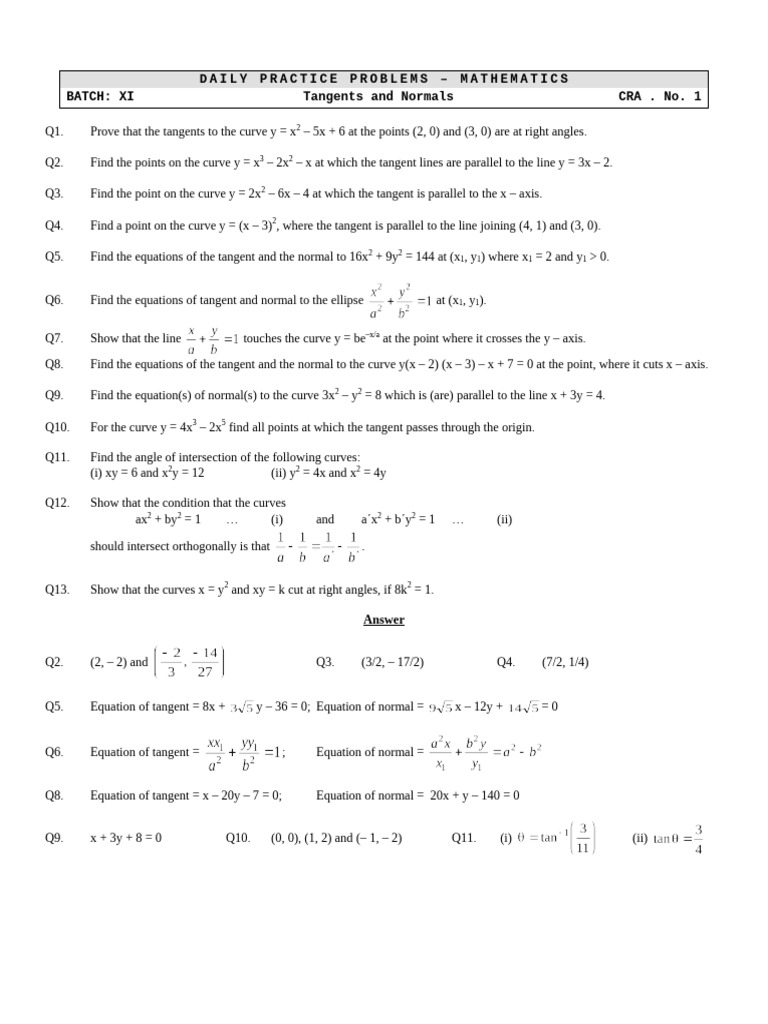 Tangents and Normals Practice Problems | PDF