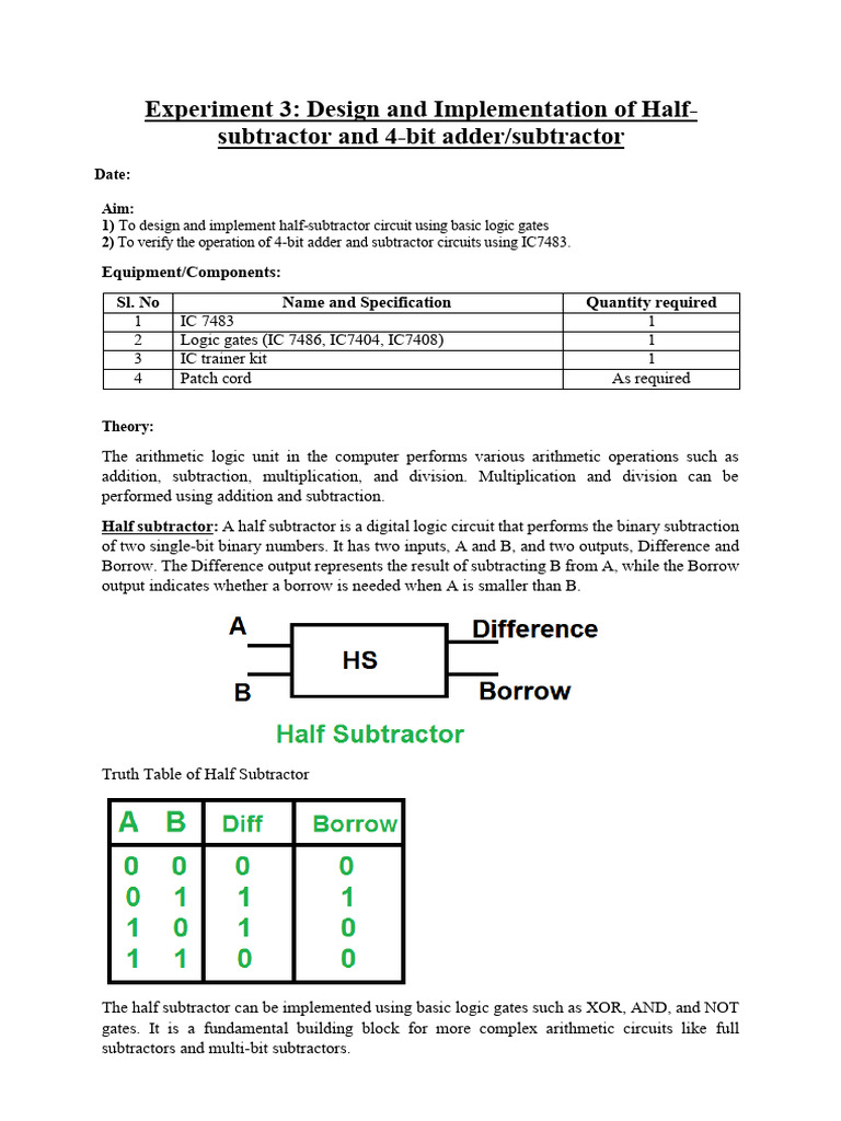 Expt 3 Design of Subtractor - Half Subtractor and 4 Bit Adder Subtractor | PDF | Logic Gate ...