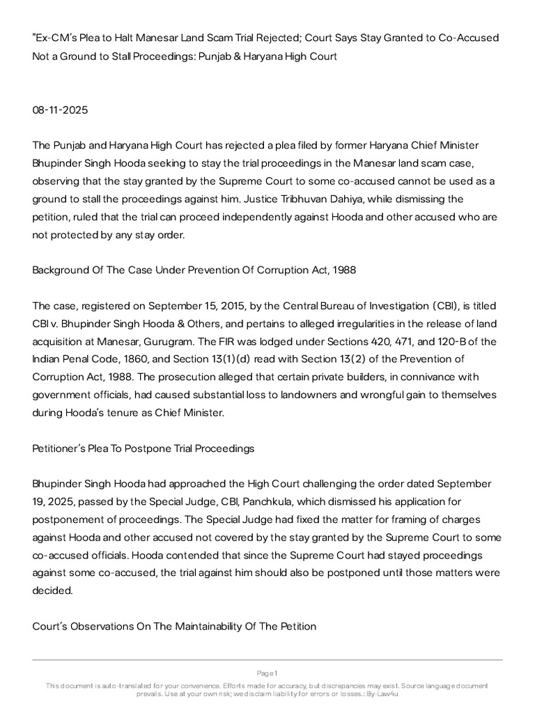 Case Law Ex-CM's - Plea - To - Halt - Manesar - Land - Scam - Trial ...