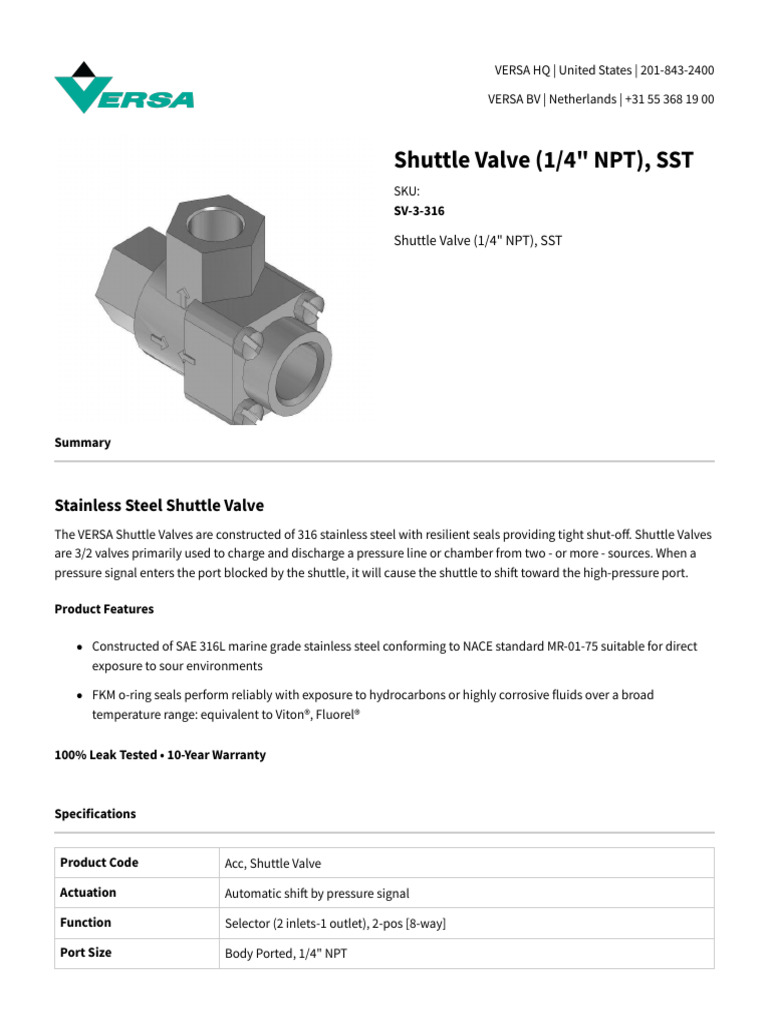 Shuttle Valve SV-3-316 SST 1 - 4 - NPT - VERSA Products | PDF