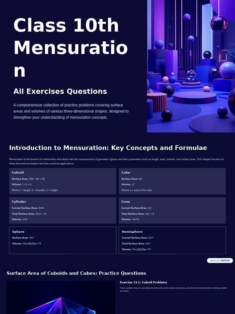Mensuration Practice for Class 10 Students | PDF | Sphere | Volume