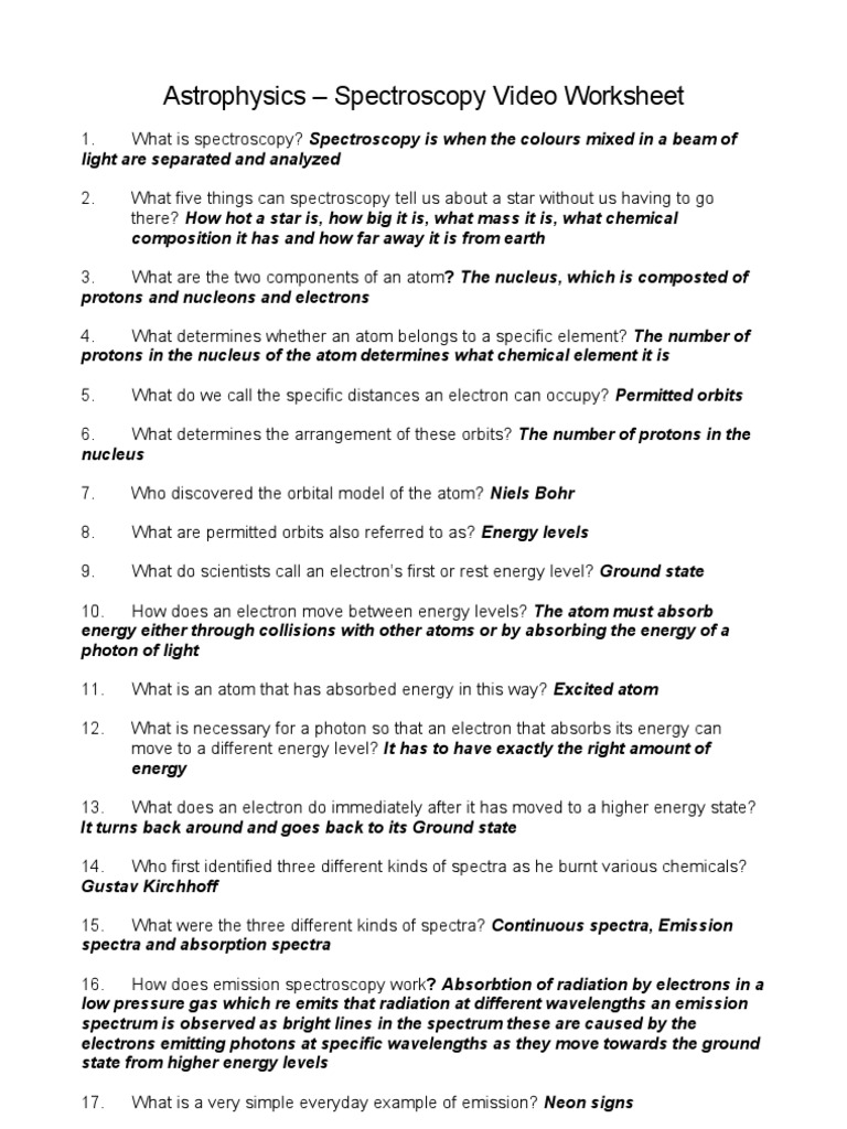 Astrophysics - Spectroscopy Video Worksheet | PDF | Spectroscopy ...