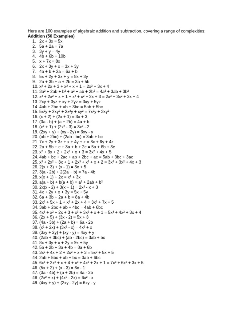100 Algebraic Addition and Subtraction Examples | PDF | Chess Theory ...