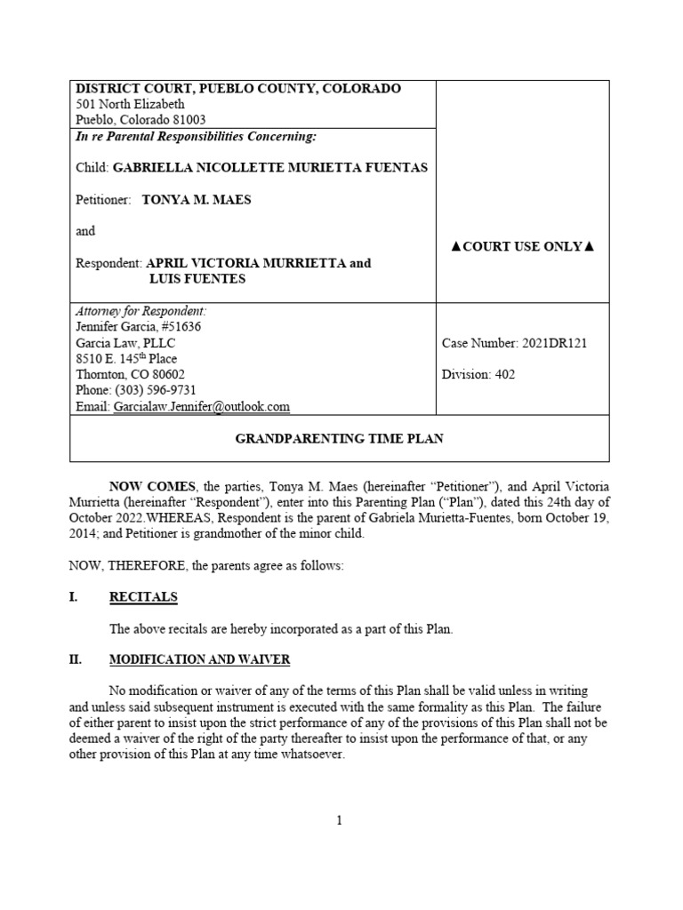 Grandparenting Plan and Stipulation for Contempt Matter Scheduled for Hearing on October 25 ...