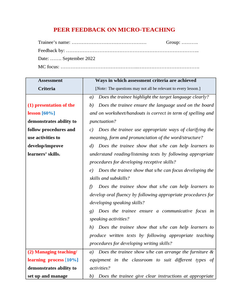 Micro-Teaching Peer Feedback Guide | PDF | Learning | Linguistics
