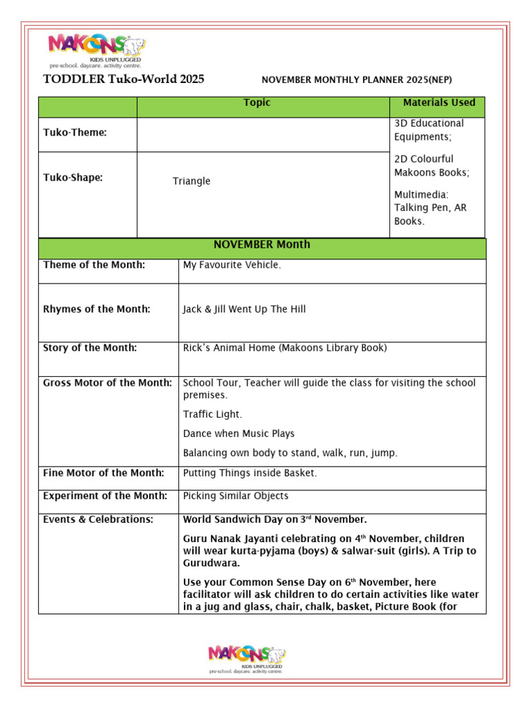 November 2025 Toddler Activity Planner | PDF