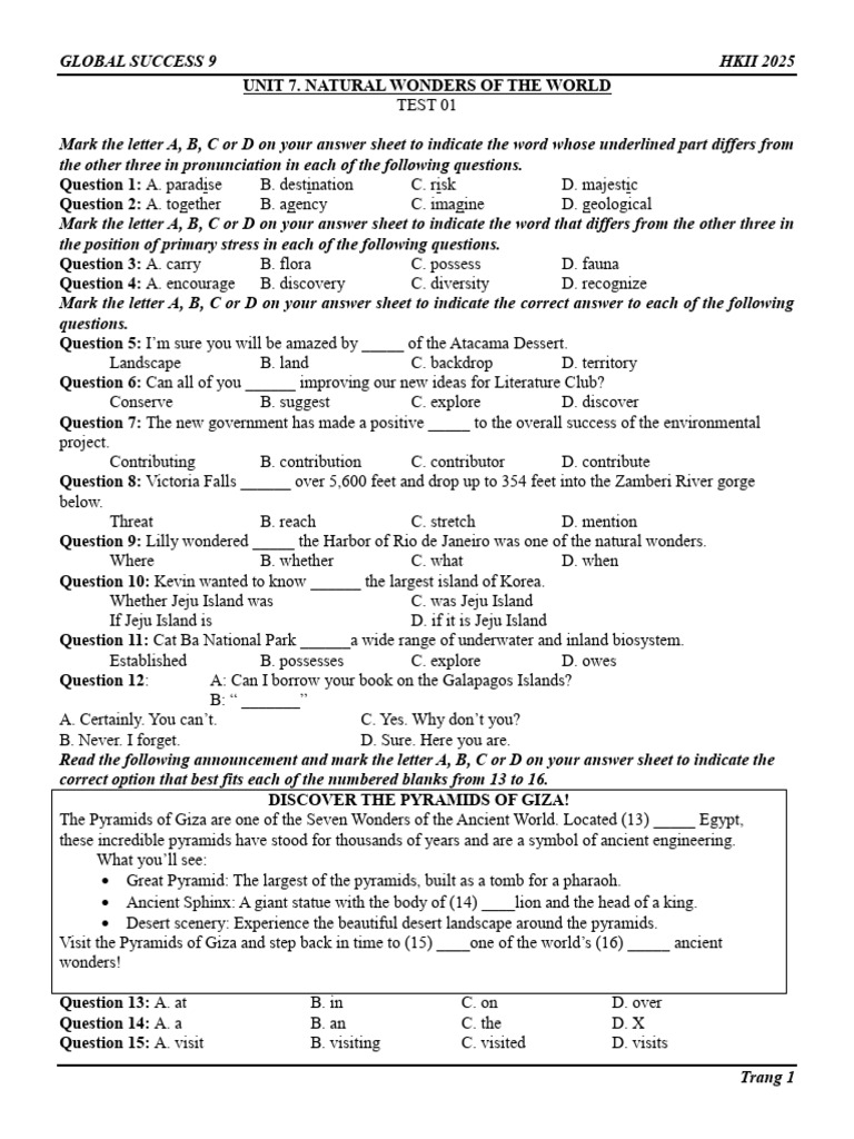 Natural Wonders Test Questions | PDF | River | Tourism