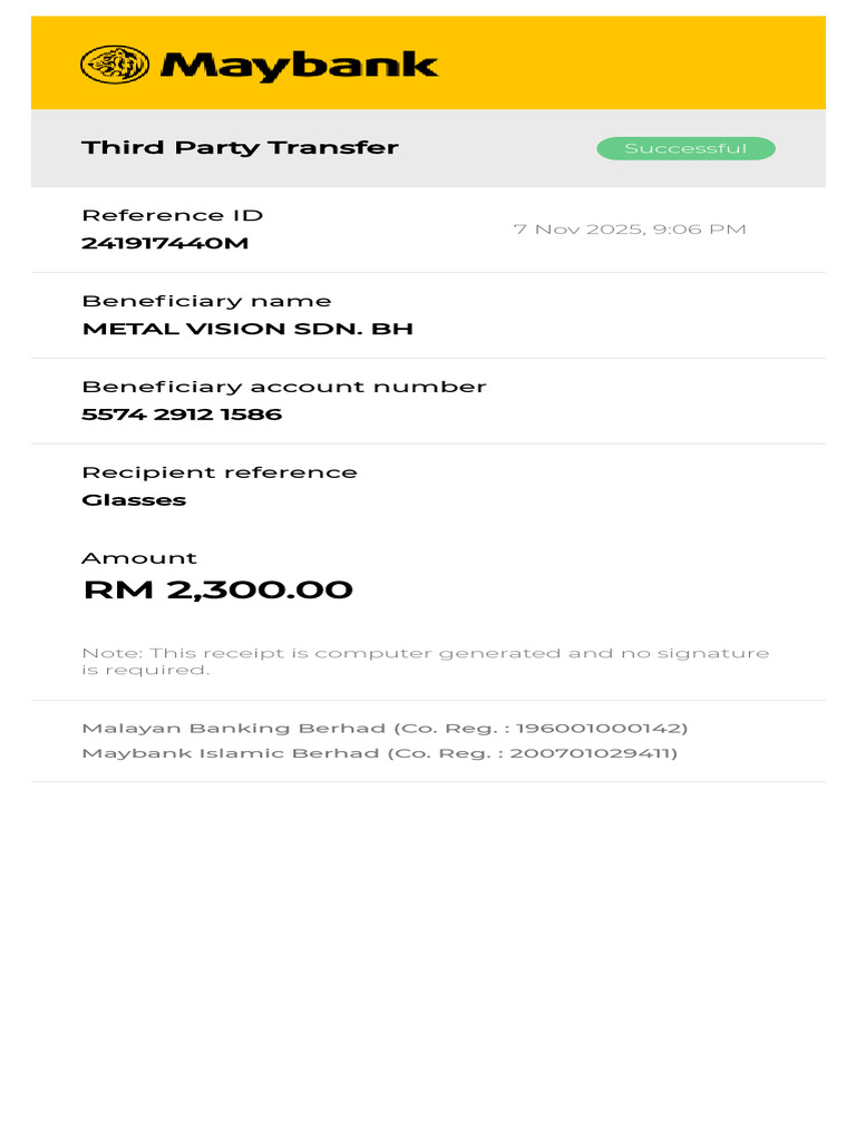 Third Party Transfer Receipt - RM 2,300 | PDF