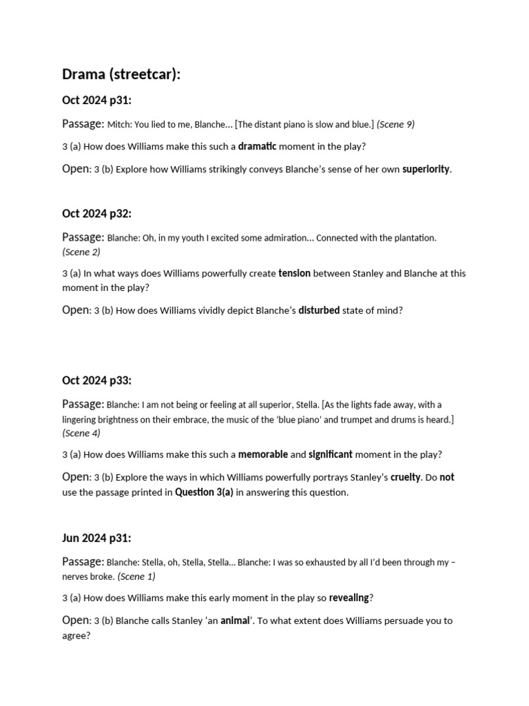 Streetcar Past Paper Qs | PDF