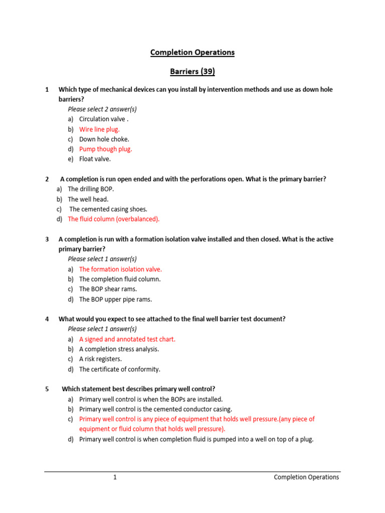 Completion Operations Exercise Answer | PDF | Casing (Borehole) | Gases