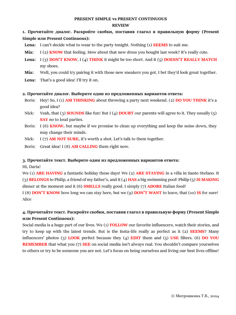 3.1) Present Simple - Present Continuous REVIEW keys_copy | PDF