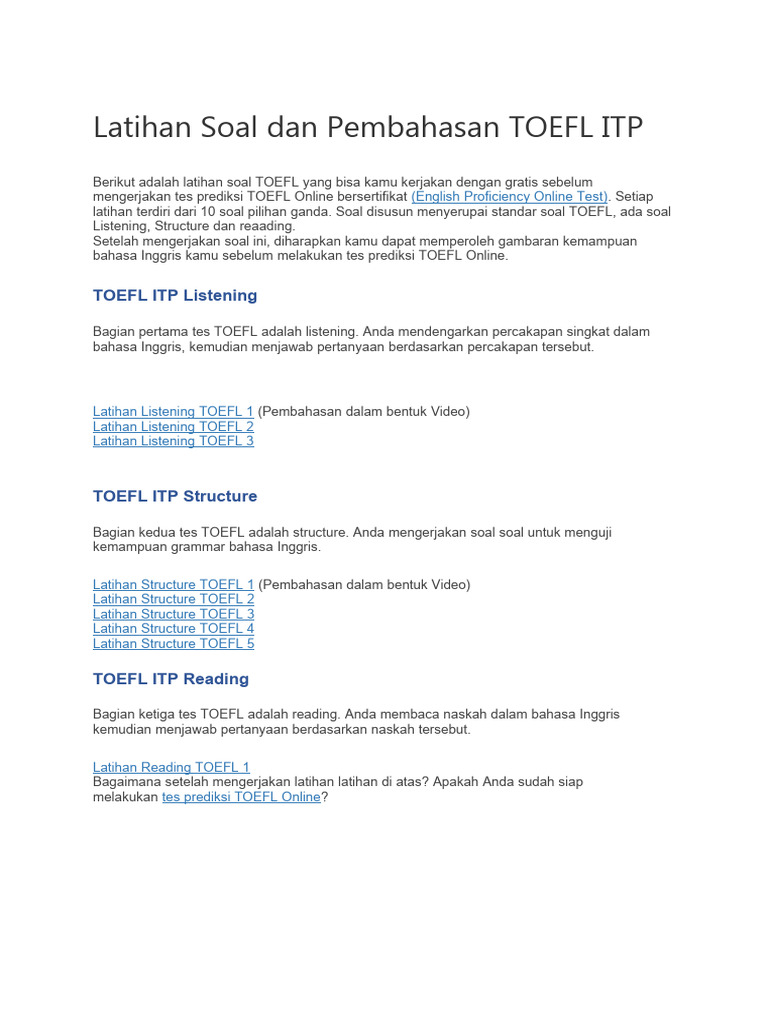 Latihan Soal Dan Pembahasan TOEFL ITP | PDF