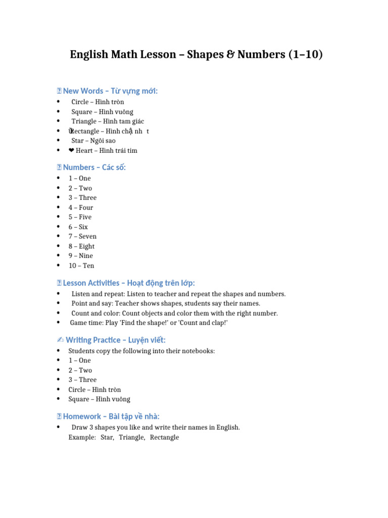 English Math Lesson Shapes Numbers | PDF