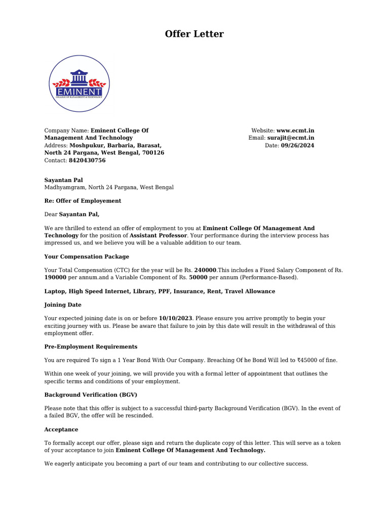 Sayantanpal Offer Letter | PDF