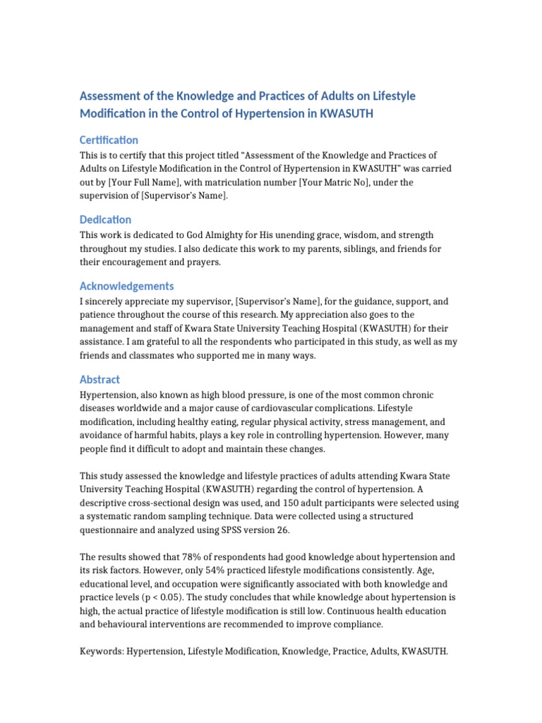 Assessment of Knowledge and Practices on Lifestyle Modification KWASUTH ...