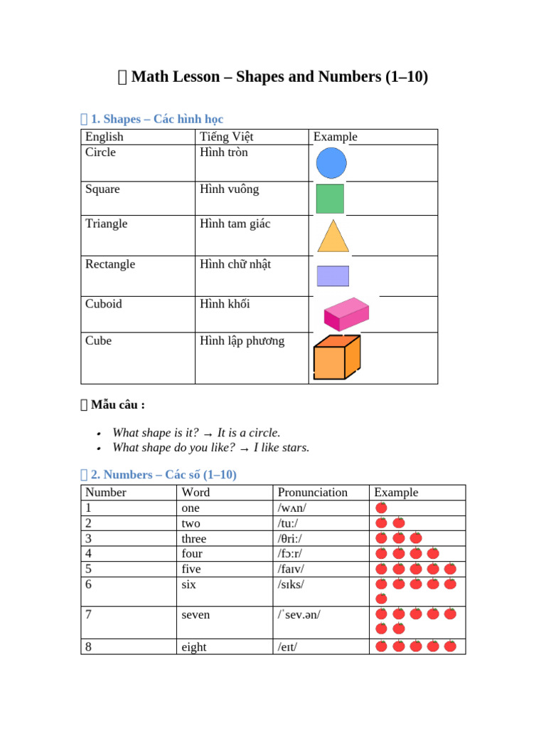Math Lesson Shapes Numbers | PDF