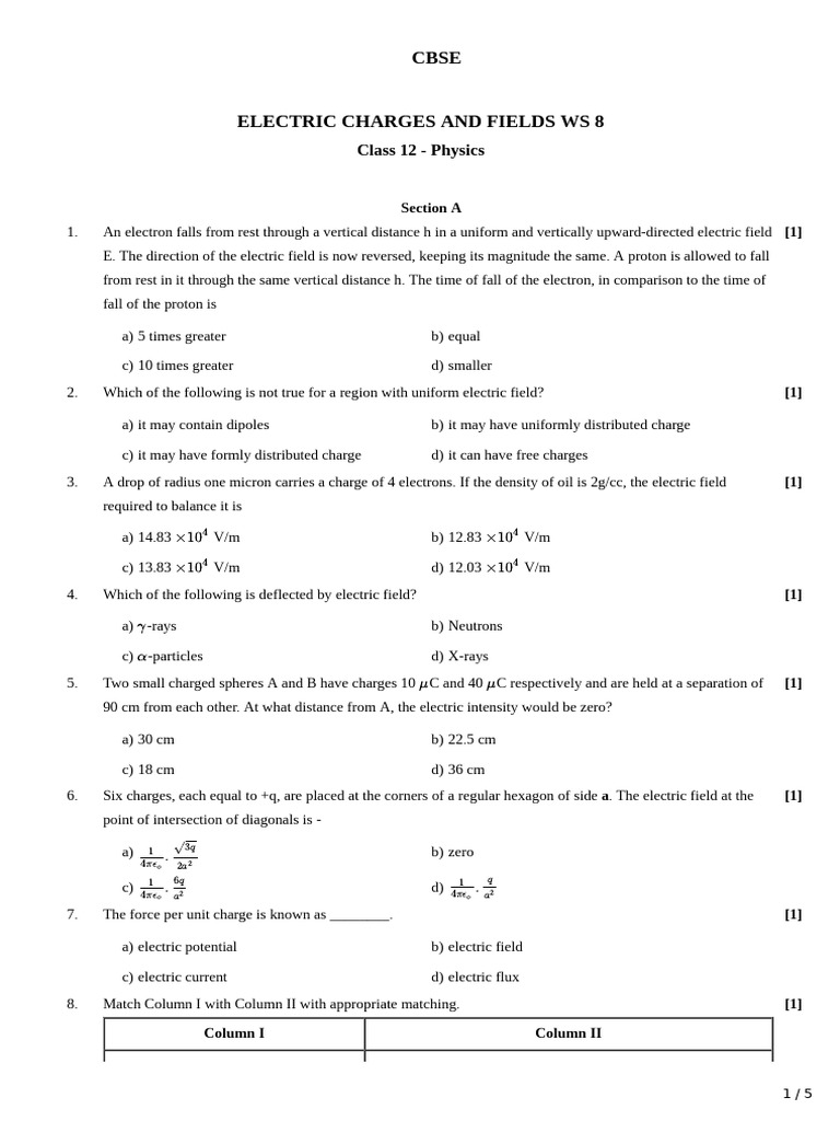 Electric Charges and Fields WS 8 (Electric Field) | PDF | Electric Field | Electron