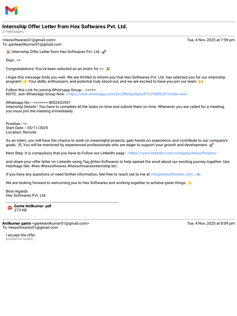 Gmail - Internship Offer Letter From Hex Softwares Pvt. Ltd. | PDF