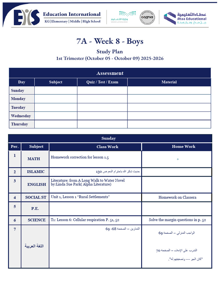 7A - Week 8 Study Plan - Boys | PDF