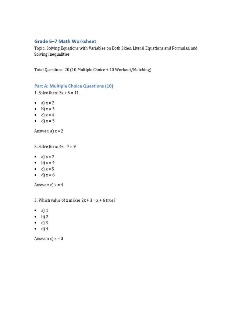 Equations Formulas Inequalities Worksheet | PDF
