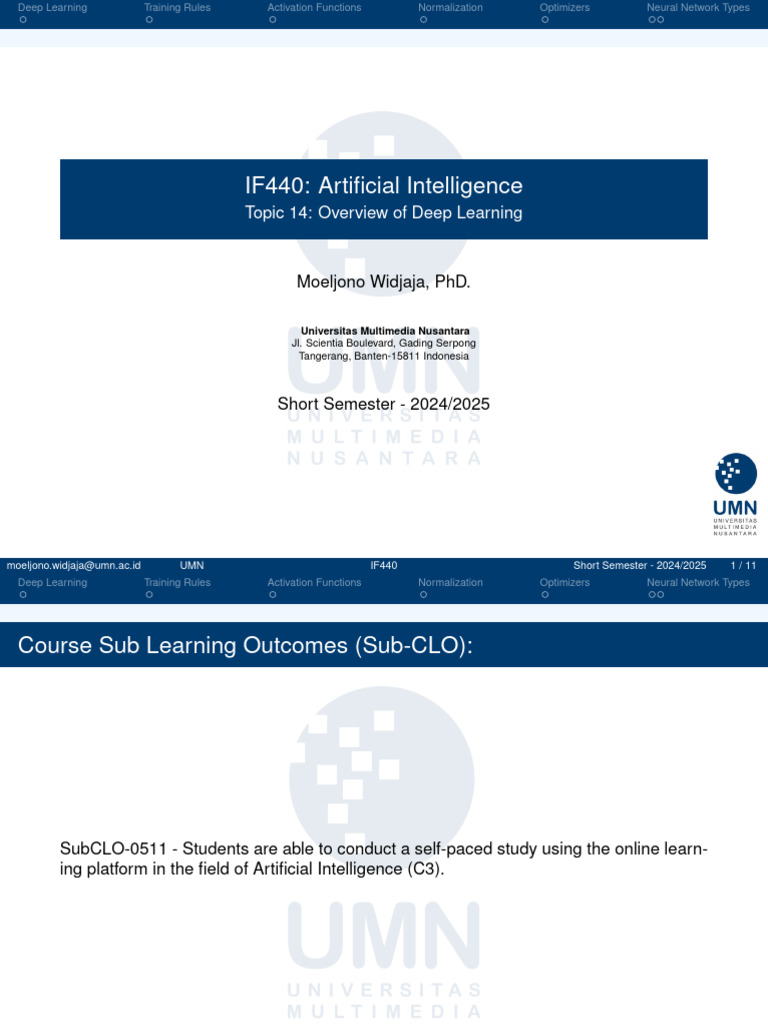 Materi-IF440-M14-Overview Deep Learning-Gsl2025-2026 | PDF | Deep Learning | Machine Learning